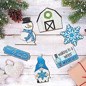 Guoofu Winter Tiered Tray Decor, Farmhouse Tray Decorations, Winter Wonderland Snowman Gnome Snowflake Wooden Signs, Rustic Winter Decor for Home Table Mantel Office Holiday Party