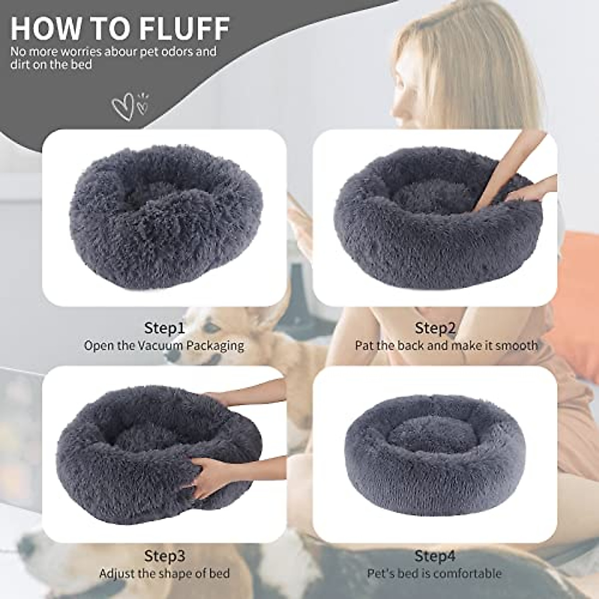 ZEJEUER Cat Bed, Small Dog Bed, Round Donut Washable Plush Fluffy Faux Fur Soft Cushion Beds for Indoor Pets