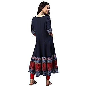 Yash Gallery Women's Cotton Embroidered Anarkali Kurta (Blue)