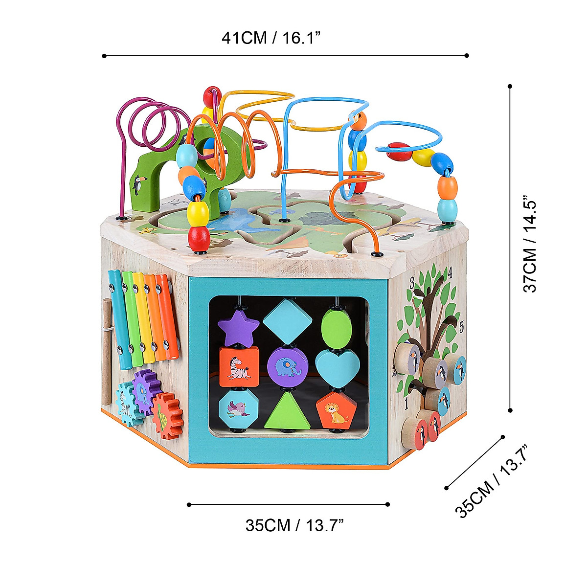 Teamson Kids Preschool Play Lab 7-in-1 Large Wooden Activity Cube Station Center Bead Maze and Counting for Kids Baby Toys, Natural