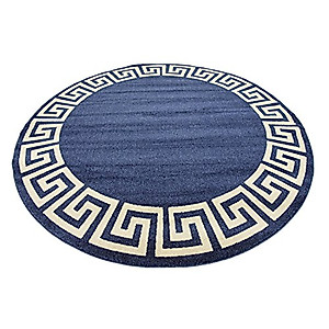 Unique Loom Athens Collection Classic Geometric Modern Border Design Area Rug, Round 8' 0" x 8' 0", Navy Blue/Beige