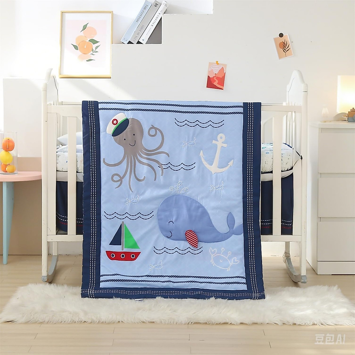 Wowelife Nautical Crib Bedding Sets 3 Piece Whale Crib Comforter Bed Set Sea Crib Bedding Set Nursery Bedding Set with Comforter,Skirt and Fitted Sheet