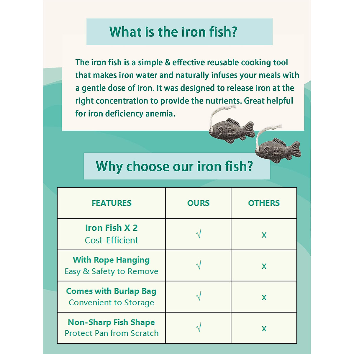 YOUIN 2 Packs of Iron Fish with Bag-A Natural Source of Iron to Reduce The Risk of Iron Deficiency,an Effective and Safe Cooking Tool to Add Iron to Food,Ideal for Pregnant Women Vegans Athletes
