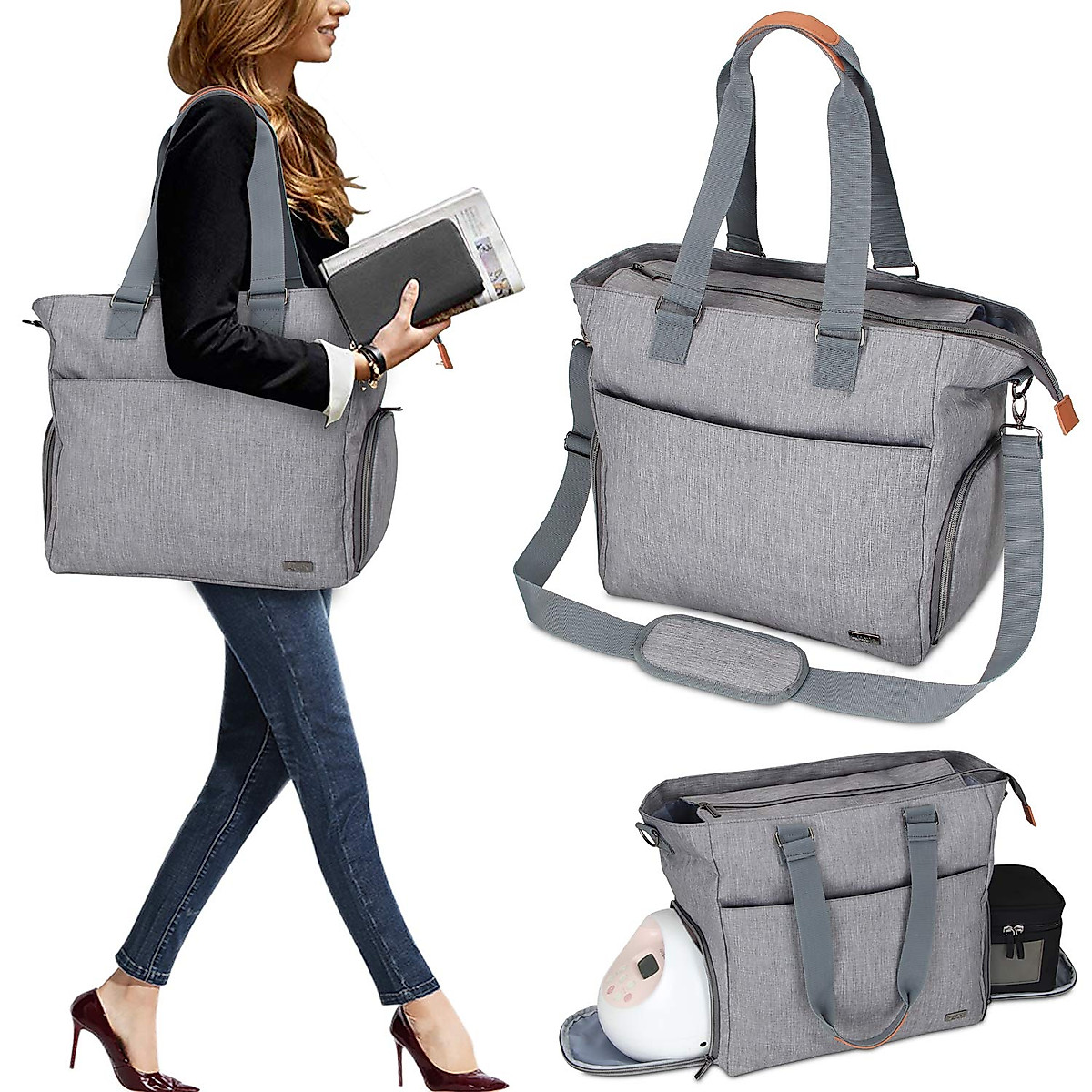 LUXJA Breast Pump Tote with Pockets for Laptop and Cooler Bag, Breast Pump Bag for Working Mothers (Fits Most Major Breast Pump), Gray
