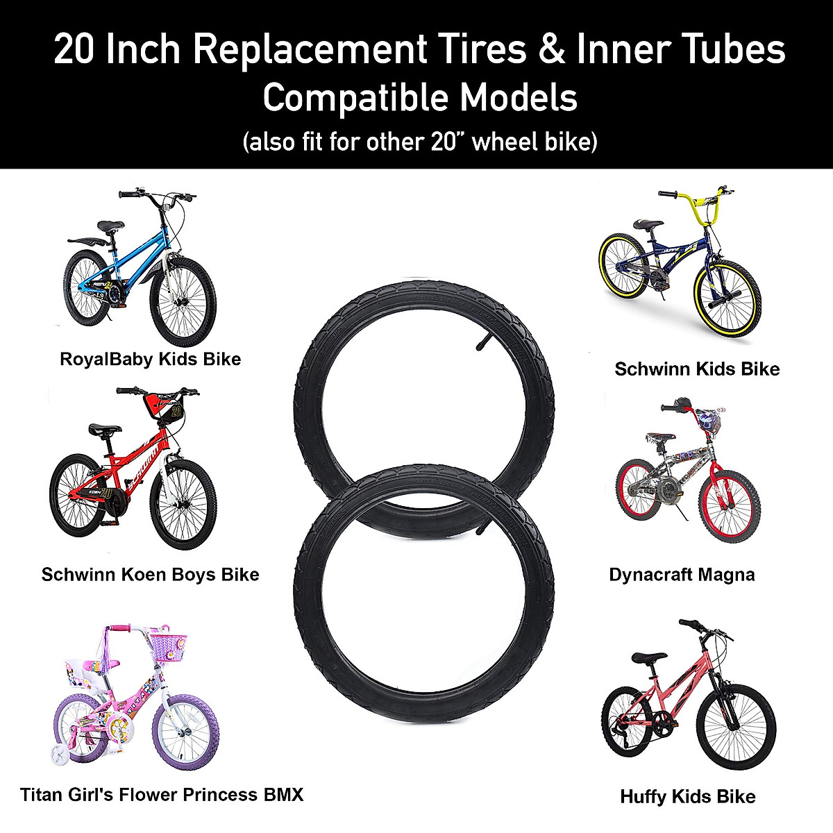 CALPALMY (2 Sets) 20” Kids Bike Replacement Tires and Inner Tubes - Fits Most Kids Bikes Like RoyalBaby, Joystar, and Dynacraft - Made from BPA/Latex Free Premium-Quality Butyl Rubber