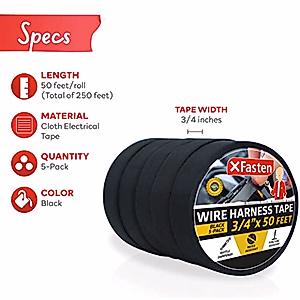 XFasten Wire Harness Tape, 3/4-Inch by 50-Foot (5-Pack), High Temp Wiring Loom Harness Self-Adhesive Felt Cloth Electrical Tape for Automotive Engine and Electrical Wiring