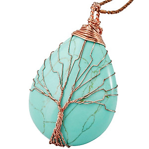 SUNYIK Green Howlite Turquoise Teardrop Pendant Necklace,Handmade Copper Wire Wrapped Jewelry