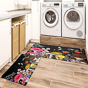 FNLNDO Mushroom Kitchen Rugs and Mats Green Mushroom Kitchen Decor Anti Fatigue Kitchen Floor Mat Set of 2 Non-Skid Washable Kitchen Runner Rug for Kitchen Sink Laundry