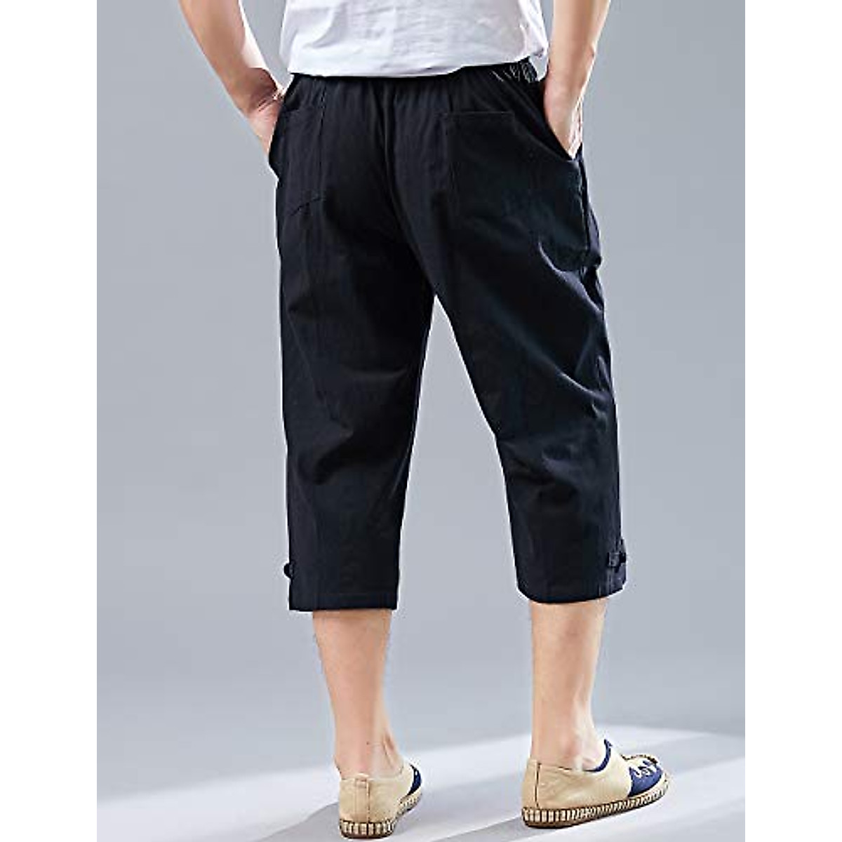 LZJN Men's Summer 3/4 Pants Cotton Linen Elastic Waistband Wide Leg Capri Shorts Bermuda Lounge Trousers with Embroidery (MF-138 Black, One Size)