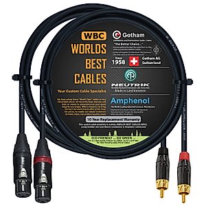 WORLDS BEST CABLES 3 Foot - RCA to XLR (Female) Cable Pair – Gotham GAC-4/1 (Black) Star-Quad Audio Interconnect Cable & Amphenol ACPL RCA & Neutrik Female XLR Gold Plugs - CUSTOM MADE
