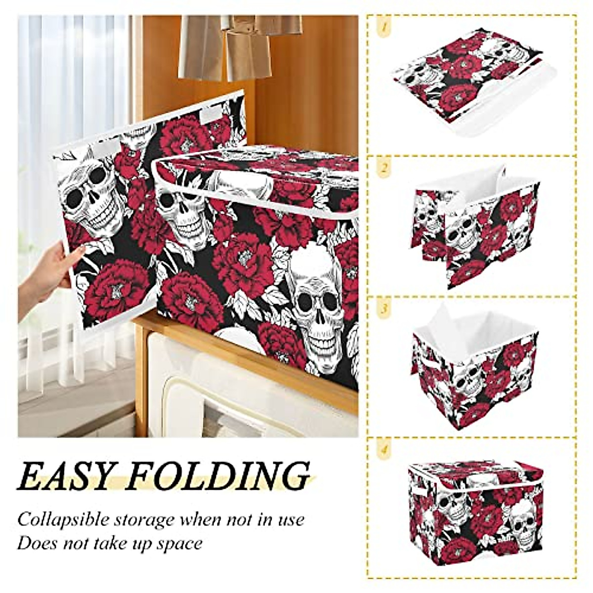 innewgogo Day Of The Dead Gold Skull Storage Bins with Lids for Organizing Closet Organizers with Handles Oxford Cloth Storage Cube Box for Toys