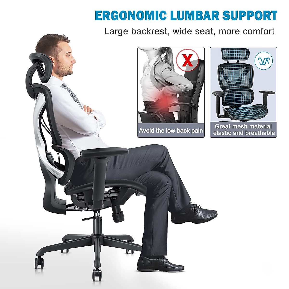 GABRYLLY Ergonomic Office Chair with Lumbar Support, Big and Tall Mesh Chairs with Adjustable 3D Arms, Headrest & Soft Seat, Large Desk Chair for Home Gaming,Black