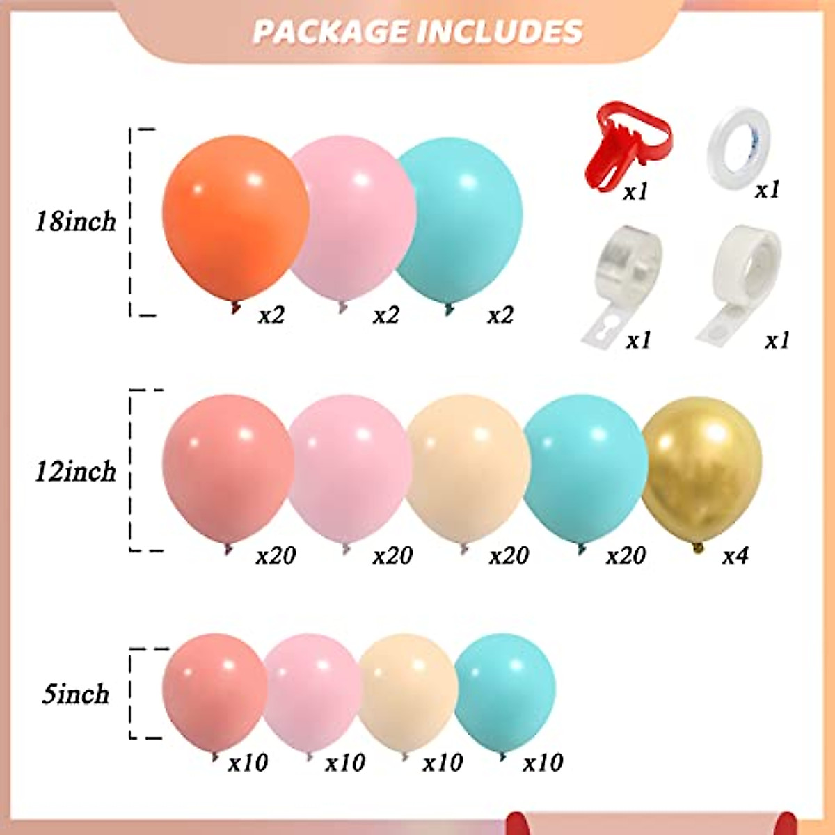 RUBFAC 134pcs Pastel Balloons Garland Kit Coral Balloons Turquoise Balloons Gold Metallic Balloons, bride balloons for Baby Shower Girls Birthday Weeding Anniversary Decorations