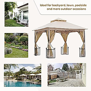 Outsunny 10' x 10' Patio Gazebo, Double Roof Outdoor Gazebo Canopy Shelter with Netting, Steel Corner Frame for Garden, Lawn, Backyard and Deck, Beige