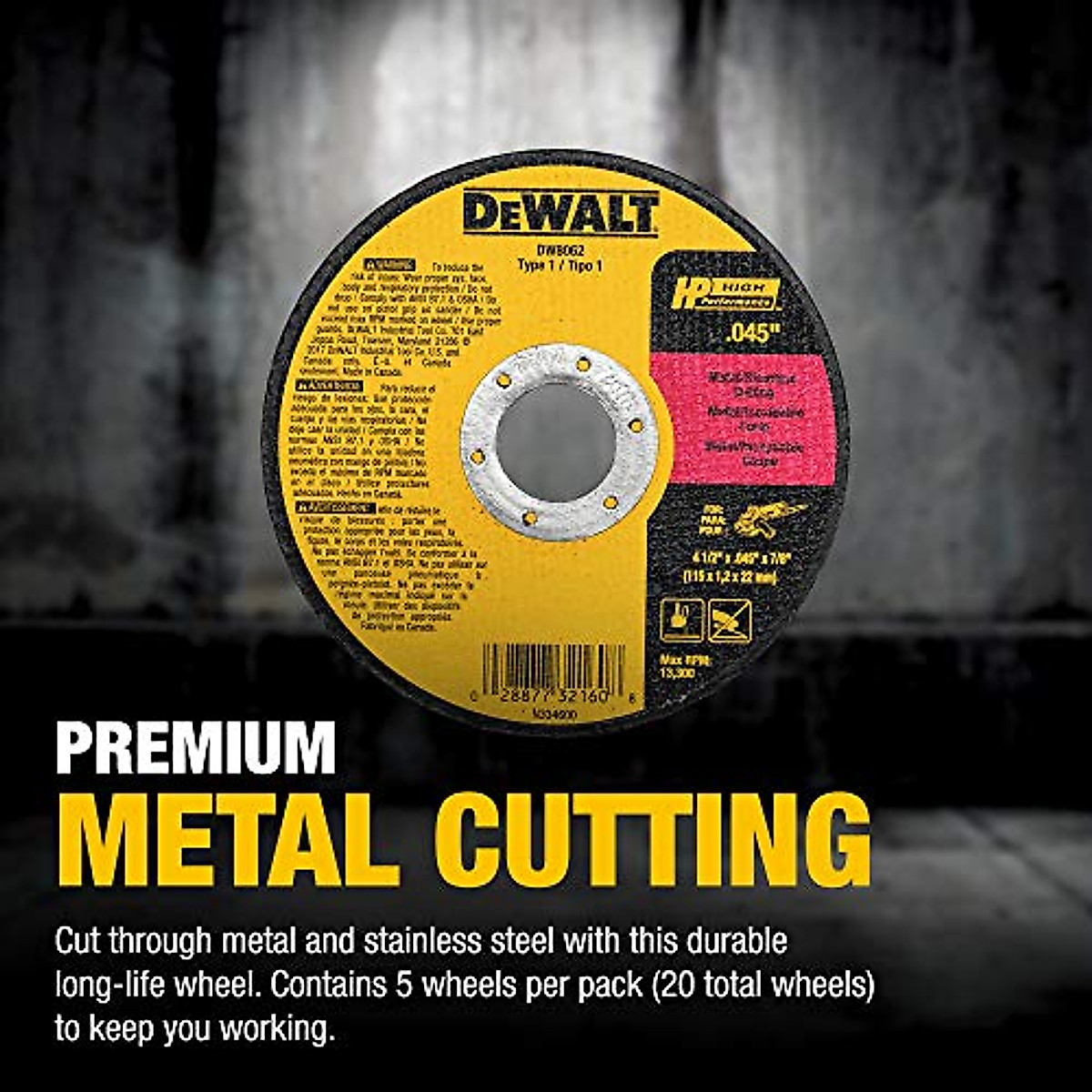DEWALT Cutting Wheel, General Purpose Metal Cutting, 4-1/2-Inch, 5-Pack (DW8062B5), Multi