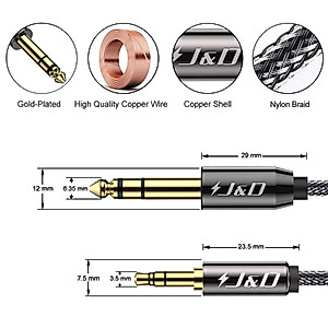 J&D 3.5mm to 6.35mm Stereo Audio Cable, Gold Plated 3.5mm 1/8 inch Male TRS to 6.35mm 1/4 inch Male TRS Copper Shell Cable with Zinc Alloy Housing, Nylon Braid for iPhone, Amplifiers, 15 Feet