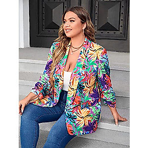 WDIRARA Women's Plus Size Floral Print Blazer Button Open Front Long Sleeve Jacket Multicolor 1XL