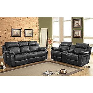 Homelegance Marille Reclining Sofa w/ Center Console Cup Holder, Black Bonded Leather