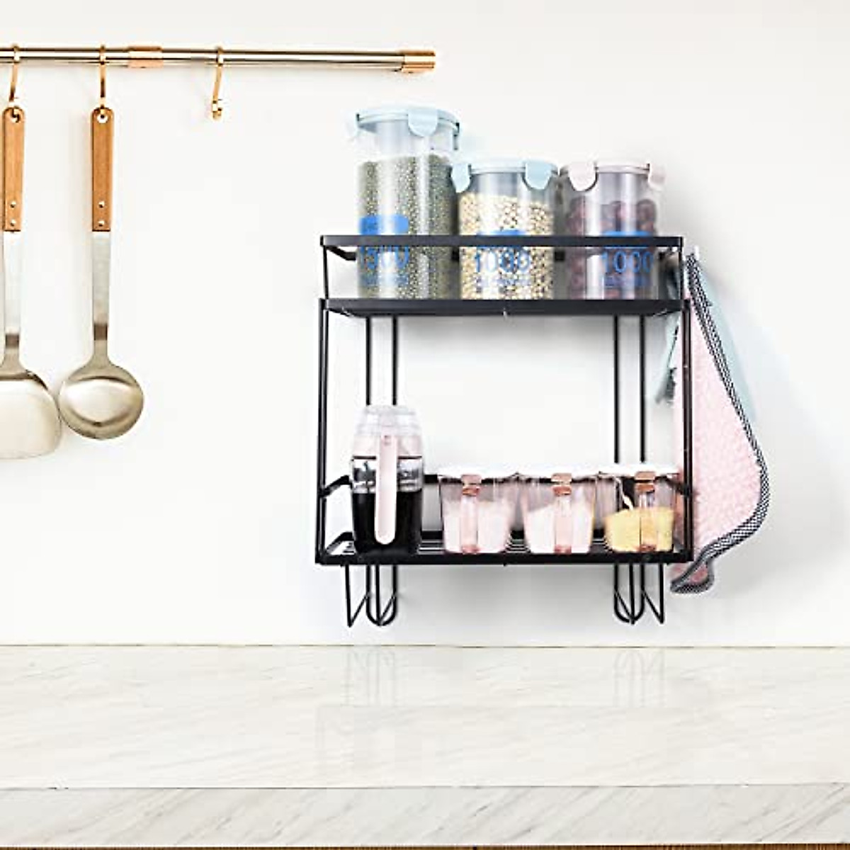 BEJICAN Over Toilet Storage Shelf Bathroom Organizer Free Standing Restroom Organizers with Adhesive Base and Hooks,Anti-Tilt No Drilling Wall Mounting Rack,Space Saver(Black, 2-Tier)