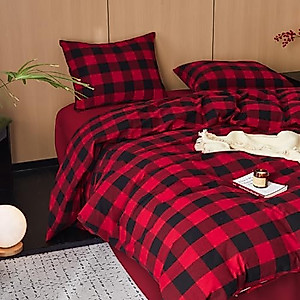 Wake In Cloud - Gingham Cotton Duvet Cover Set, Plaid Buffalo Check Checkered Farmhouse, 100% Washed Cotton Textured Percale Bedding Set, 3 Pieces, Red Black, California King Size