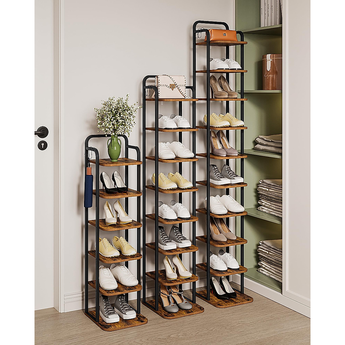 Hzuaneri Vertical Shoe Rack, Shoe Shelves, Wood Shoe Organizer for Closet, Entryway, Shoe Tower for Small Spaces, Free Standing, Adjustable, with 2 Hooks, 10 Tier Rustic Brown SR11201B