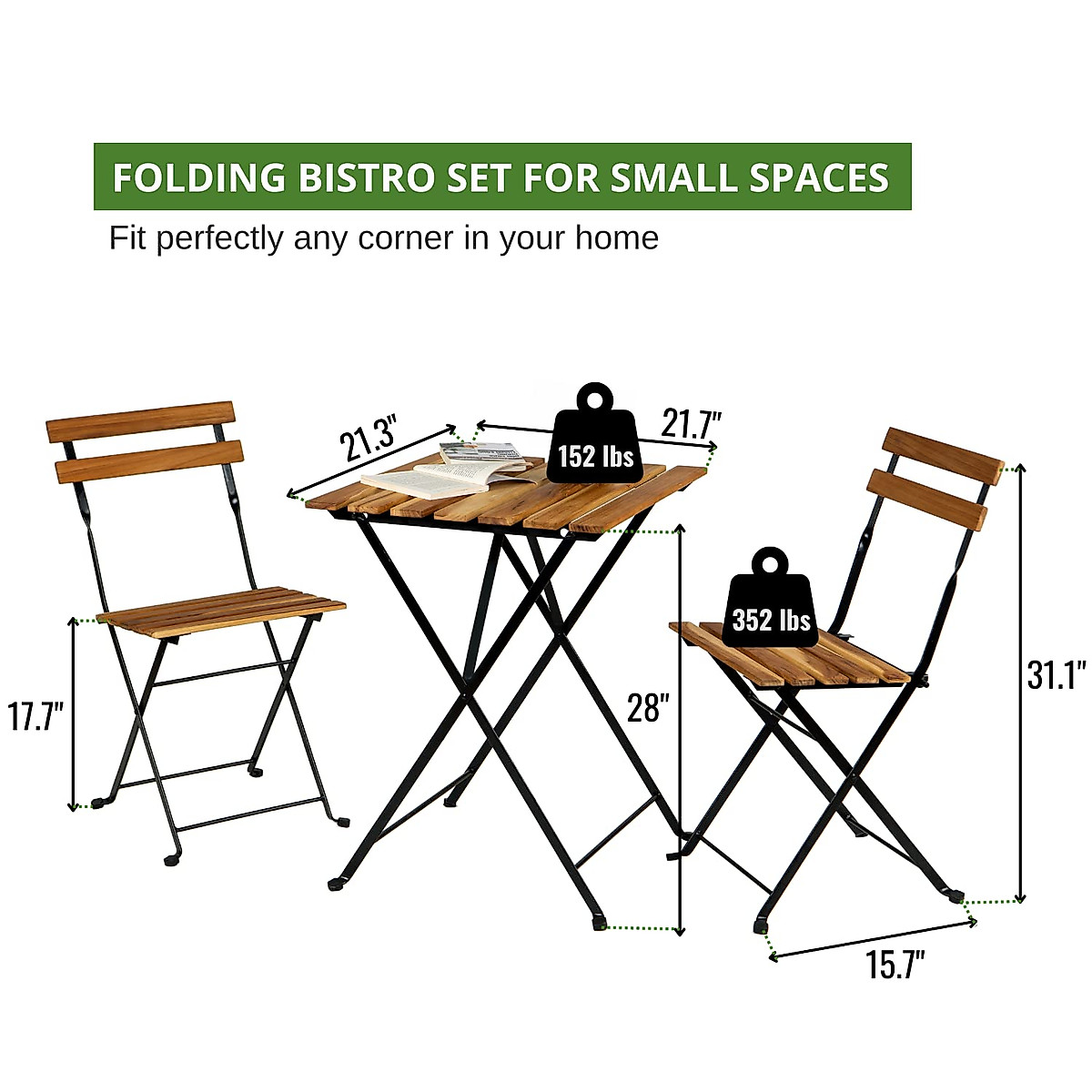 BEEFURNI Wooden Folding Table and Chairs with Cushions for Small Spaces, Teak Wood Bistro Set 3 Piece Outdoor Indoor, No Assembly Required, Perfect Size for Your Balcony, Garden, Backyard, Patio