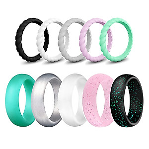 SkullParty Silicone Wedding Ring Bands for Women 10 Pack Size 5 Womens Thin Stackable & Flash Powder Rubber Wedding Band Rings 5.7mm & 3mm Wide - Pink Black Teal Metallic White Grey Mint Green