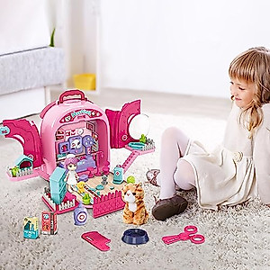 MAGIC4U 3 in 1 Pet Care Carrier Backpack Playset,82PCS Cat Figurines Toys for Kids,Vet Clinic and Doctor Kit for Kids, Pet Veterinarian Medical Role Pretend Play Set for Boys and Girls Ages 3-8