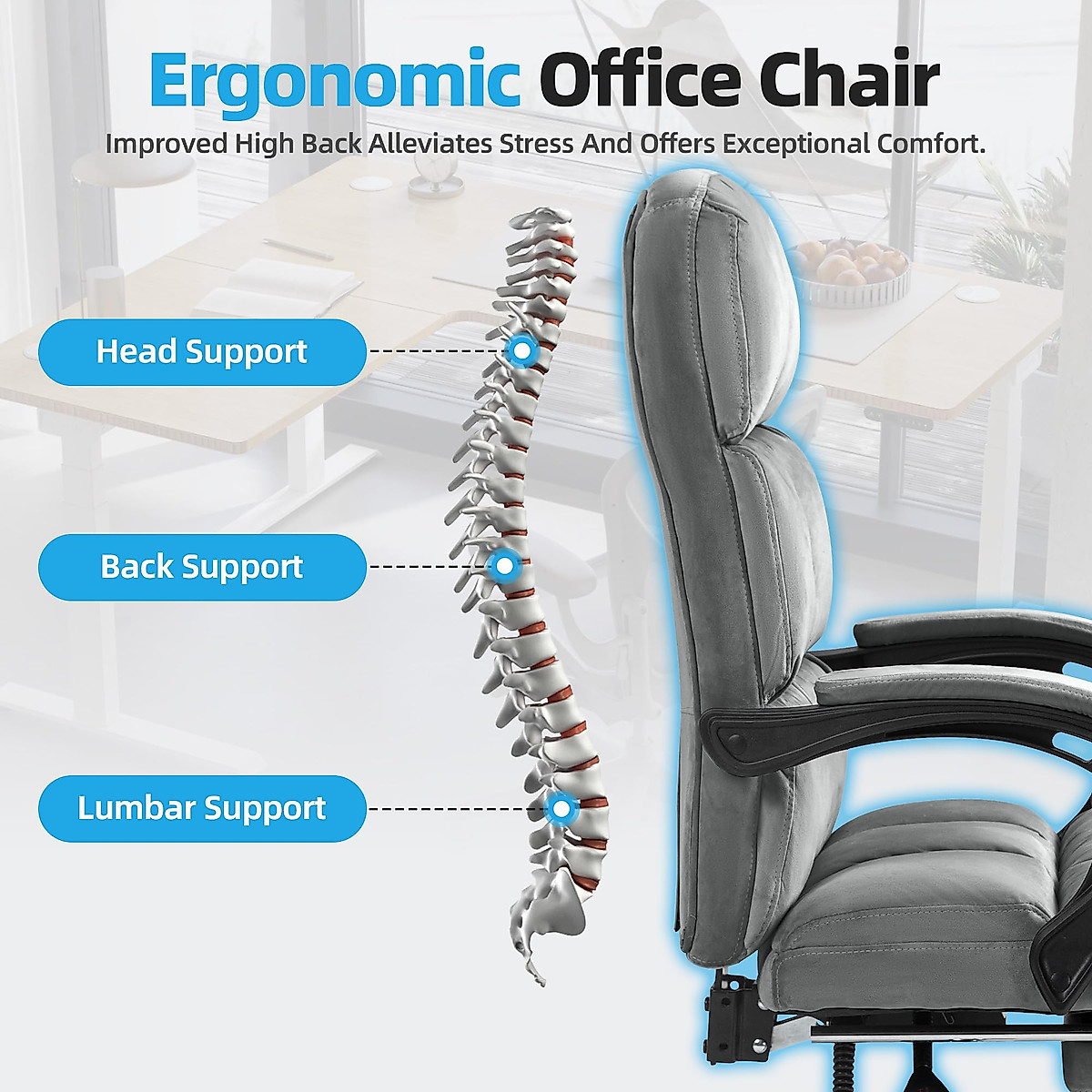 Velvet Ergonomic Office Chair with Footrest - Comfortable High Back Reclining Computer Chair for Home Office (Grey)