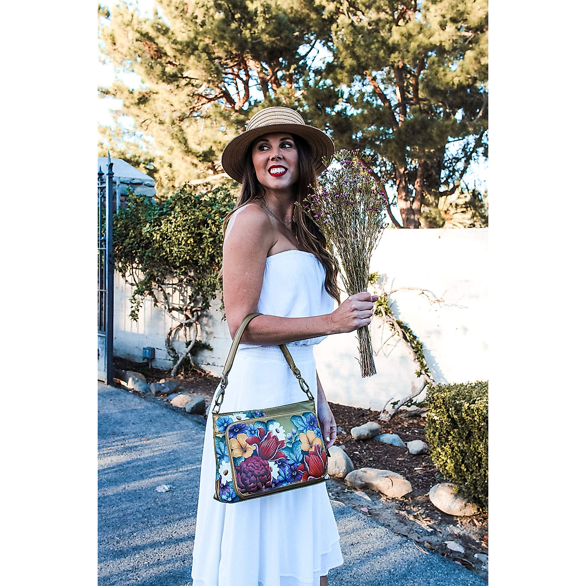 Anuschka Women’s Genuine Leather Shoulder Organiser - Hand Painted Exterior - Dreamy Floral