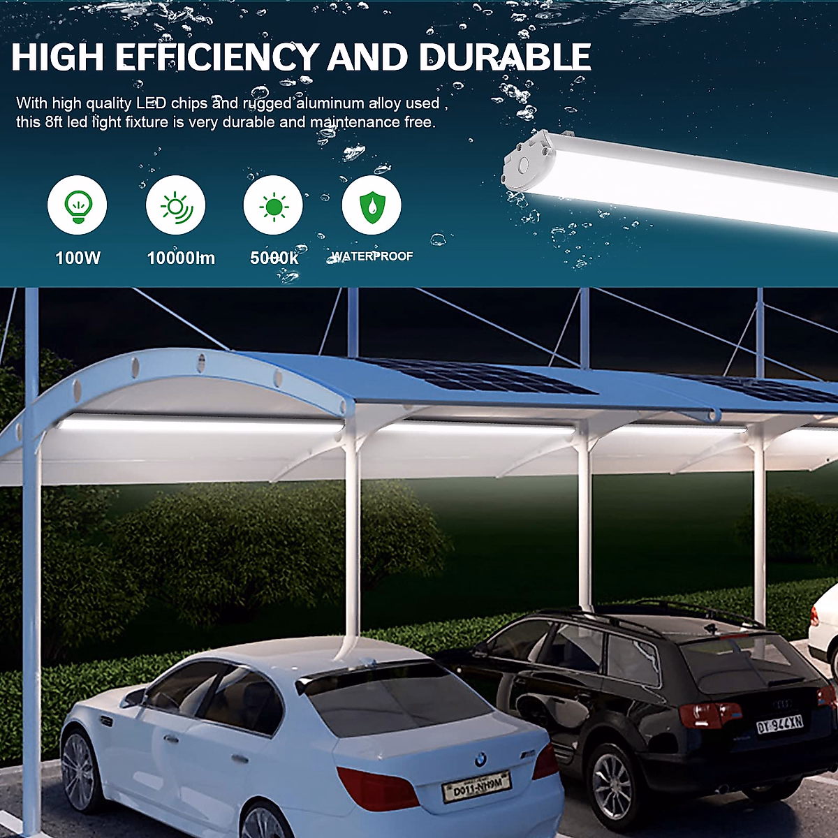AntLux 8FT LED Vapor Tight Light, 100W 10000LM, 8 Foot LED Vapor Proof Light Fixture Outdoor Shop Lights, IP67 Waterproof LED Lights for Parking Garage Carport Car Wash, Freezer Light, Plug In, 4 Pack