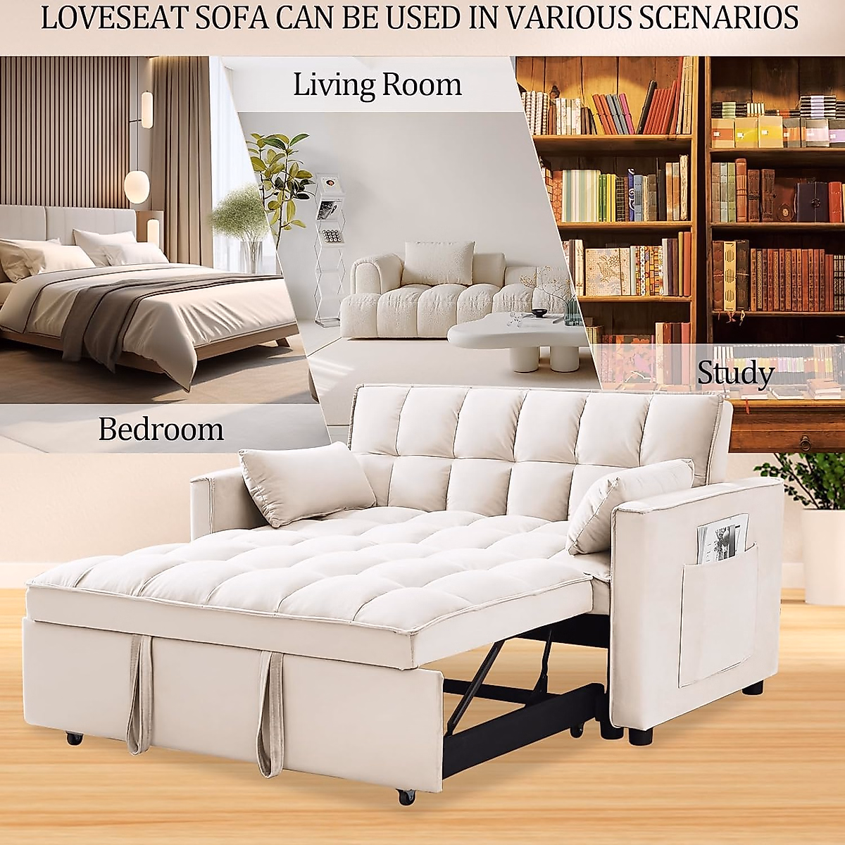 SPOWAY 3 in 1 Sleeper Sofa Couch Bed, Velvet Convertible Loveseat Sleeper Sofa with 3 Level Adjustable Backrest, Storage Pockets, Toss Pillows, Pull Out Loveseat Sleeper for Living Room, Beige