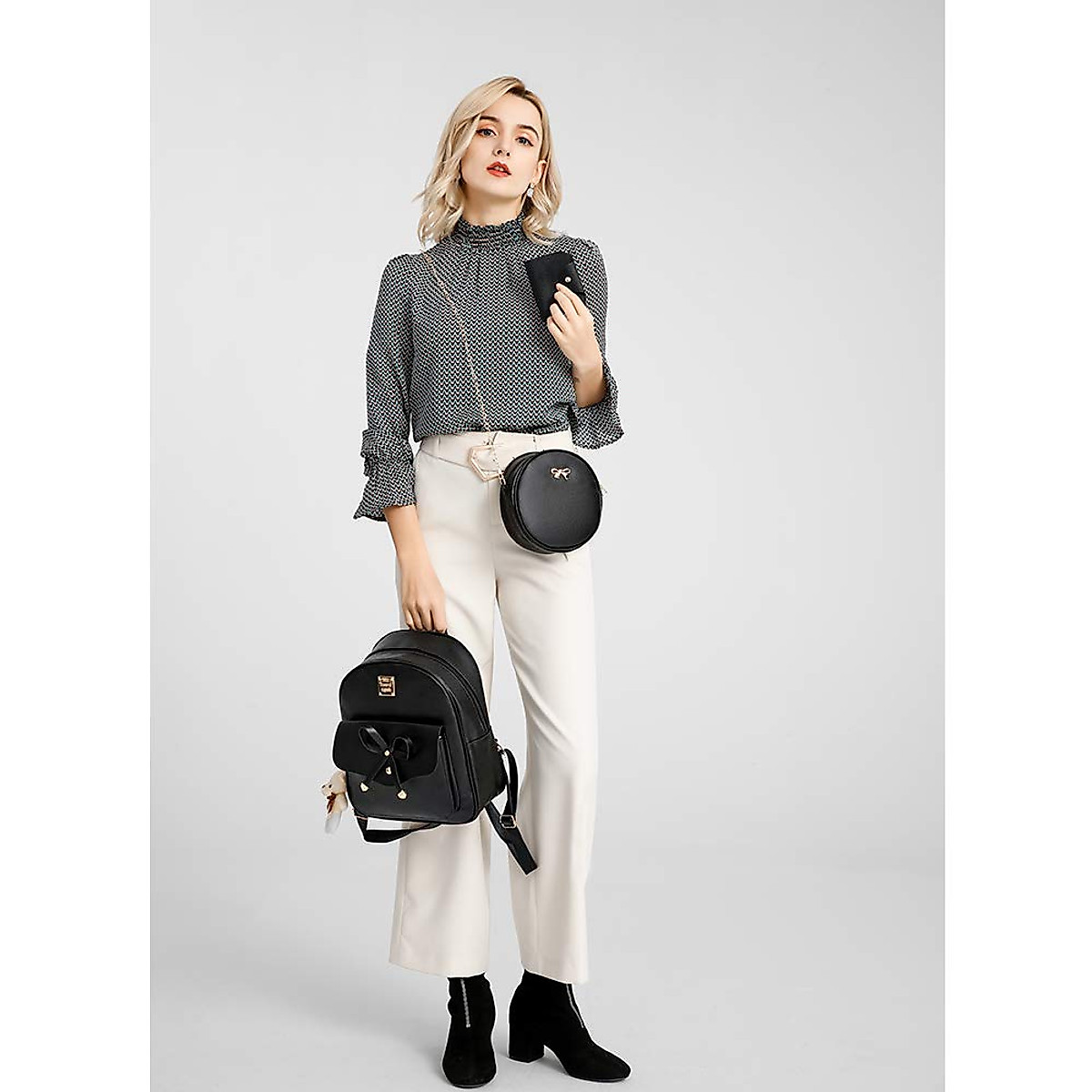 MACCINELO Cute Leather Mini Backpack Purse for Women Bowknot Small Backpack Purse for Girls Rucksack for Ladies Shoulder Bag for gift 3pcs