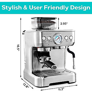 CASABREWS Espresso Machine With Grinder, Professional Espresso Maker With Milk Frother Steam Wand, Barista Espresso Coffee Machine With Removable Water Tank, Used