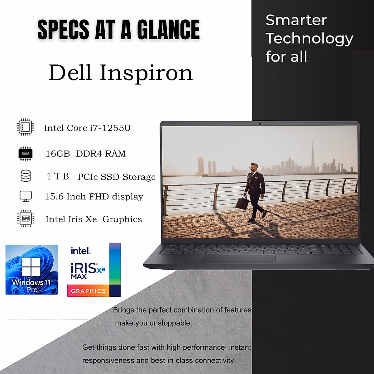 Dell Inspiron Touchscreen Laptop, 15.6 Inch FHD Business Laptop, Intel i7-1255U, 16GB RAM, 1TB SSD, Windows 11 Pro, Black, PCM