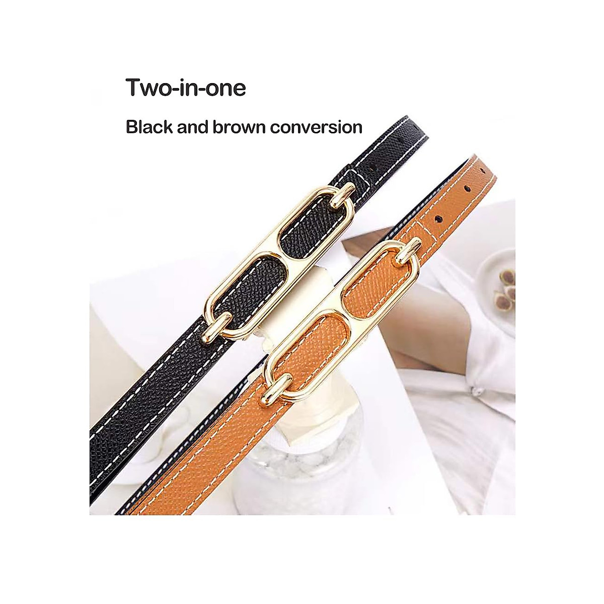 SUPLEAP Women Fashion Belt For Dress Jean Skinny Leather Belts Gold Alloy Buckle(Black)