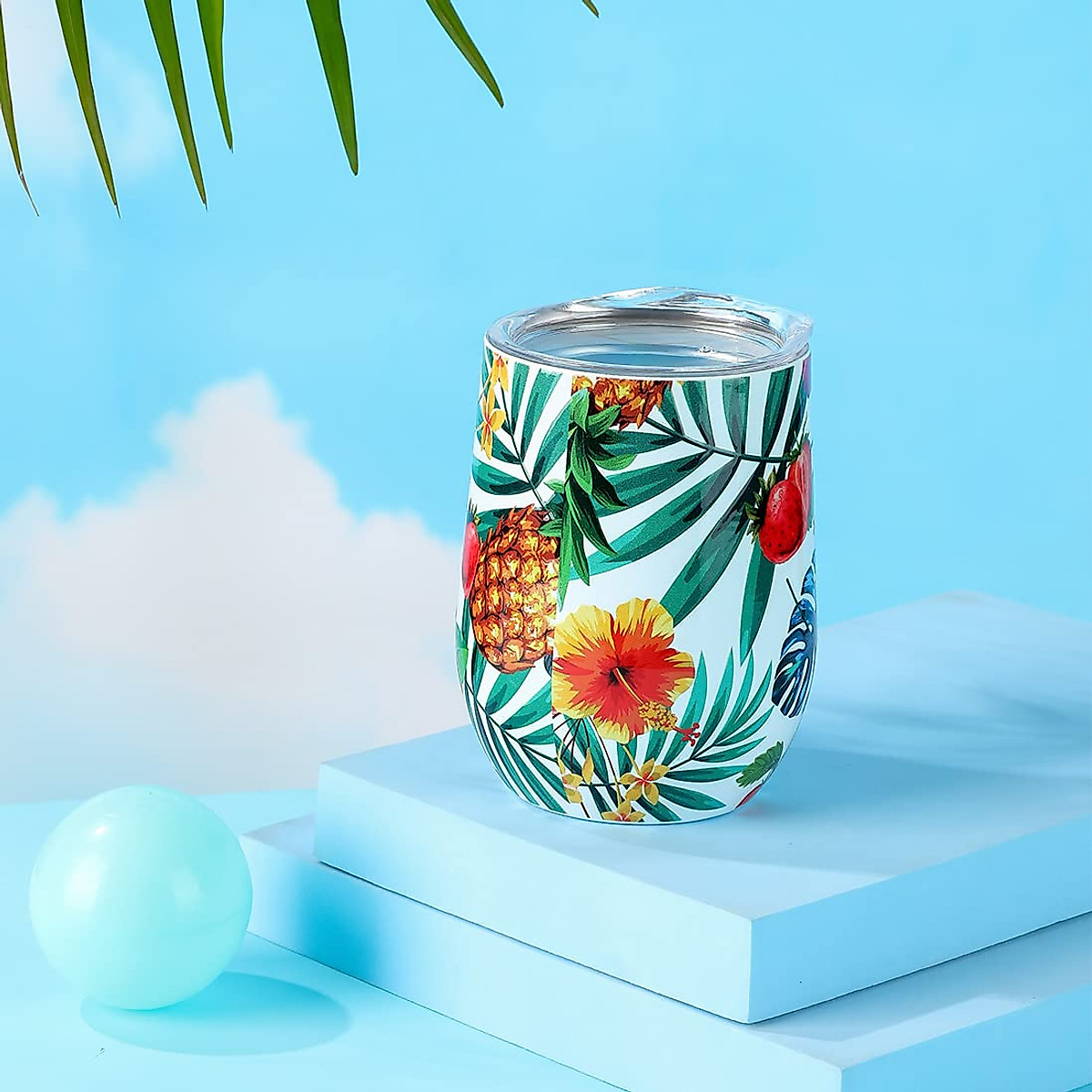 MINISO Tropical Insulated Wine Tumbler with Lid, Double Wall Stainless Steel Wine Cup Wine Glass 11.6oz Vacuum Insulated Travel Mug for Cold Hot Drinks,Coffee Tumbler Water Bottle for Home and Office