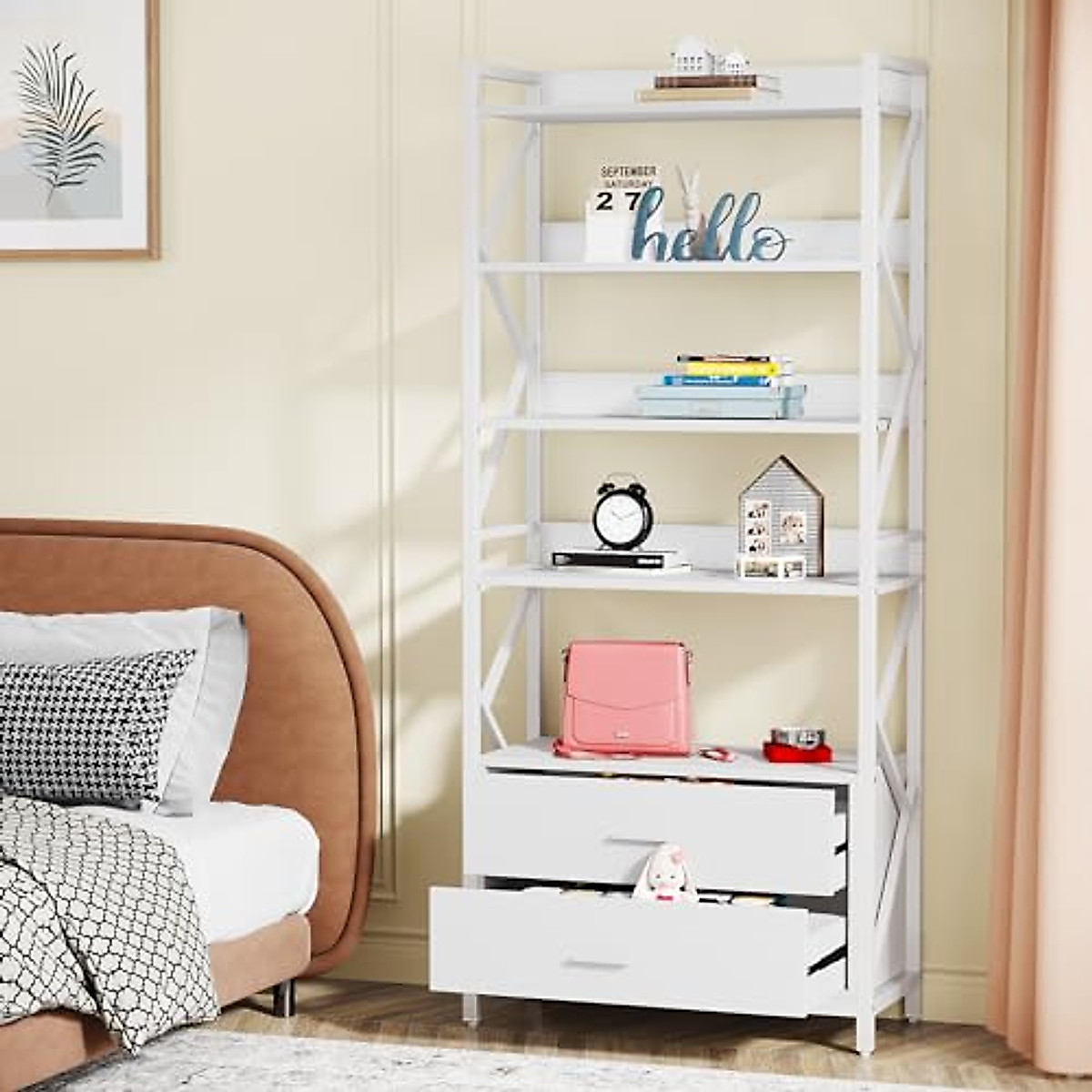 Tribesigns Bookshelf with Drawers, 70.8" Industrial Bookcase with 2 Drawers, 5 Shelf Open Shelf for Storage, Wood Book Shelf for Living Room, Bedroom, Home, Office (1, White)