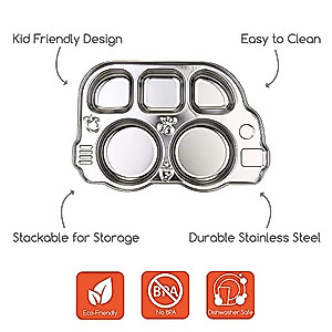 Innobaby Stainless Bus Plate, The Original, Rust Free, Safe Divided Platter, Mom Invented Fun Shape Plate Din Din SMART for Babies, Toddlers and Kids, BPA Free Plate