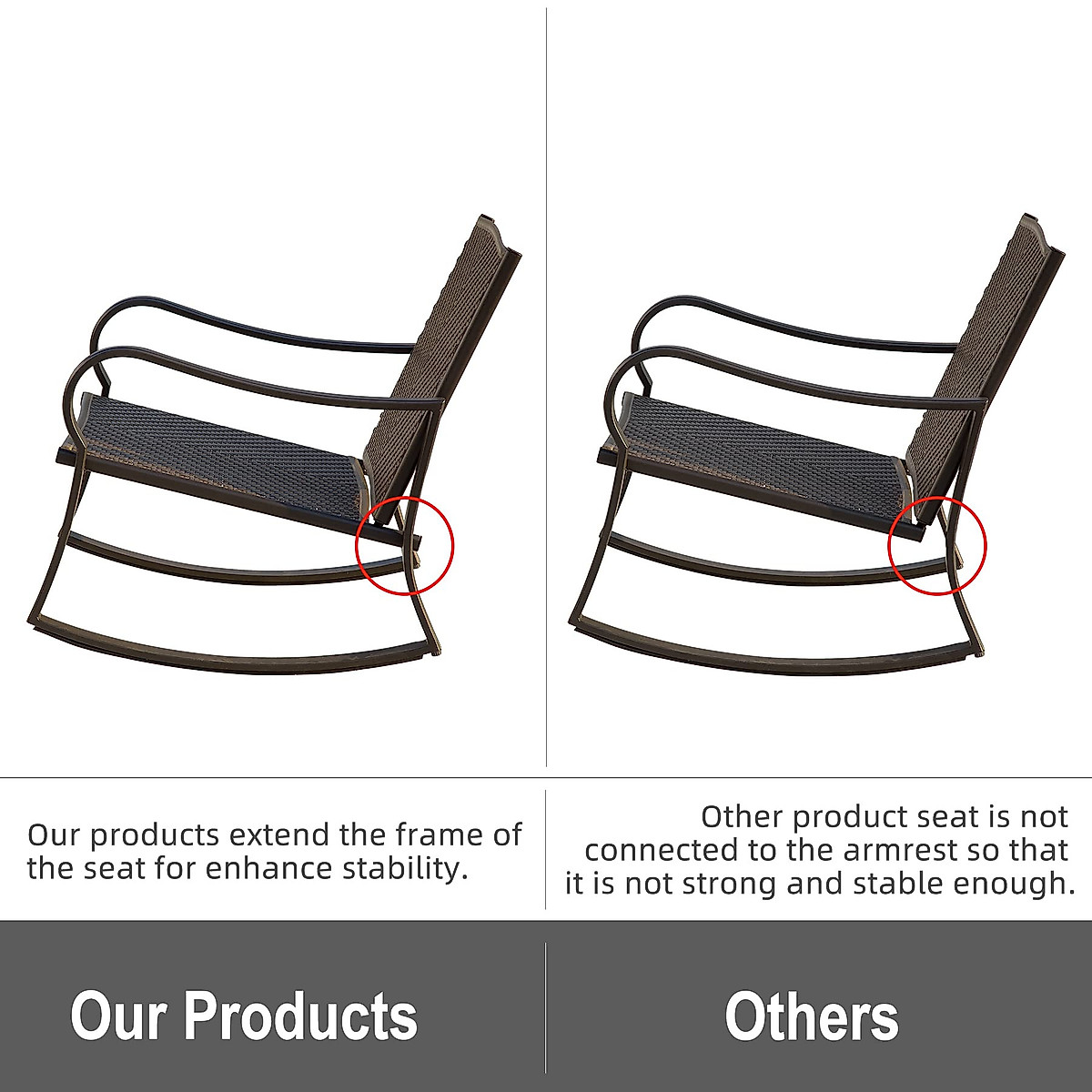 Domi 3 Piece Rocking Chair Patio Bistro Set Balcony Chairs Iron Conversation Sets Outdoor Furniture with Glass Coffee Table for Porch Poolside Lawn (Red, Curved Armrest)