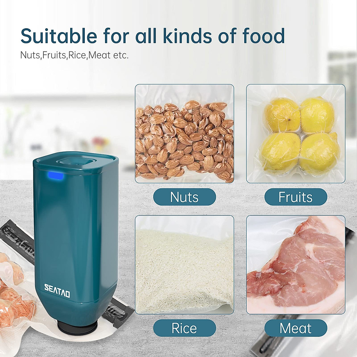 Sous Vide Bags,SEATAO Upgraded Electric Vacuum Sealer Rechargeable handheld vacuum sealer & reusable vacuum seal bags with 6 Vacuum Zipper Bags 1 sealing clips