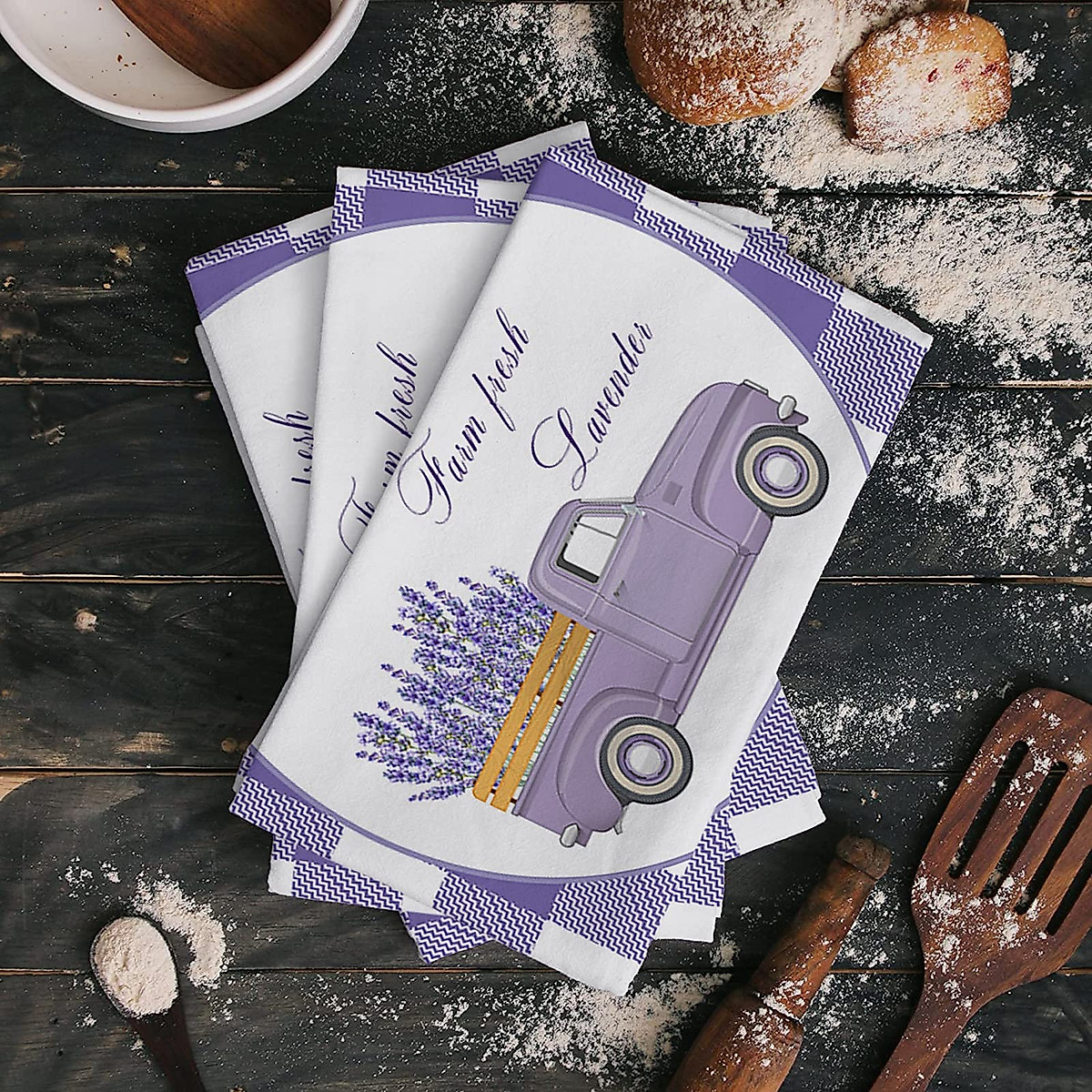 Kitchen Towels Dish Cloth 2 Pack Rustic Lavender Farm Truck Soft Absorbent Dish Towel Reusable Cleaning Cloths Tea Bar Hand Towels Retro Purple Buffalo Gingham Check Drying Dishcloth for Dishes