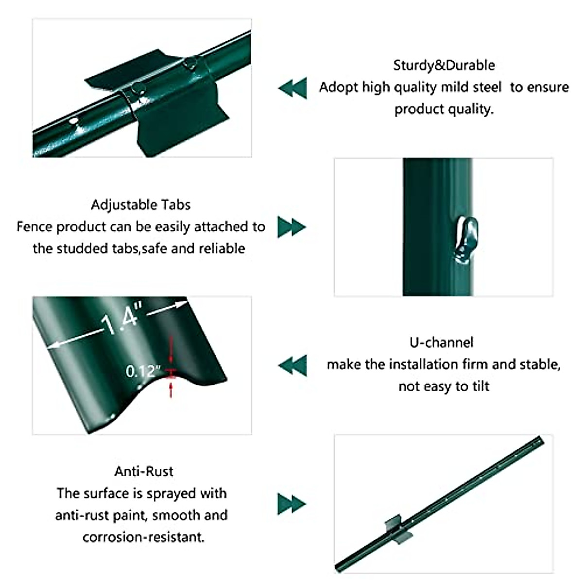 Gtongoko 7 Feet Sturdy Duty Metal Fence Post, Pack of 10, U Post for Fencing Green Fence Posts for Garden Yard and Outdoor Wire