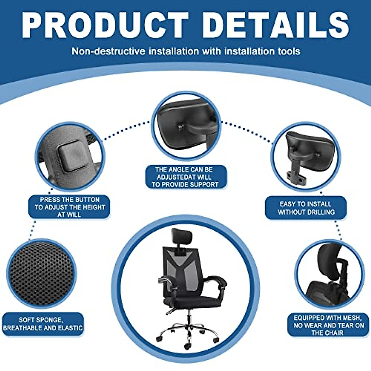 Adjustable Headrest for Office Chair, Universal Chair Head Neck Support Cushion Attachment Elastic Sponge Nylon Frame Head Rest Detachable Upholstered for Ergonomic Chair,Headrest Only (Black3.0)