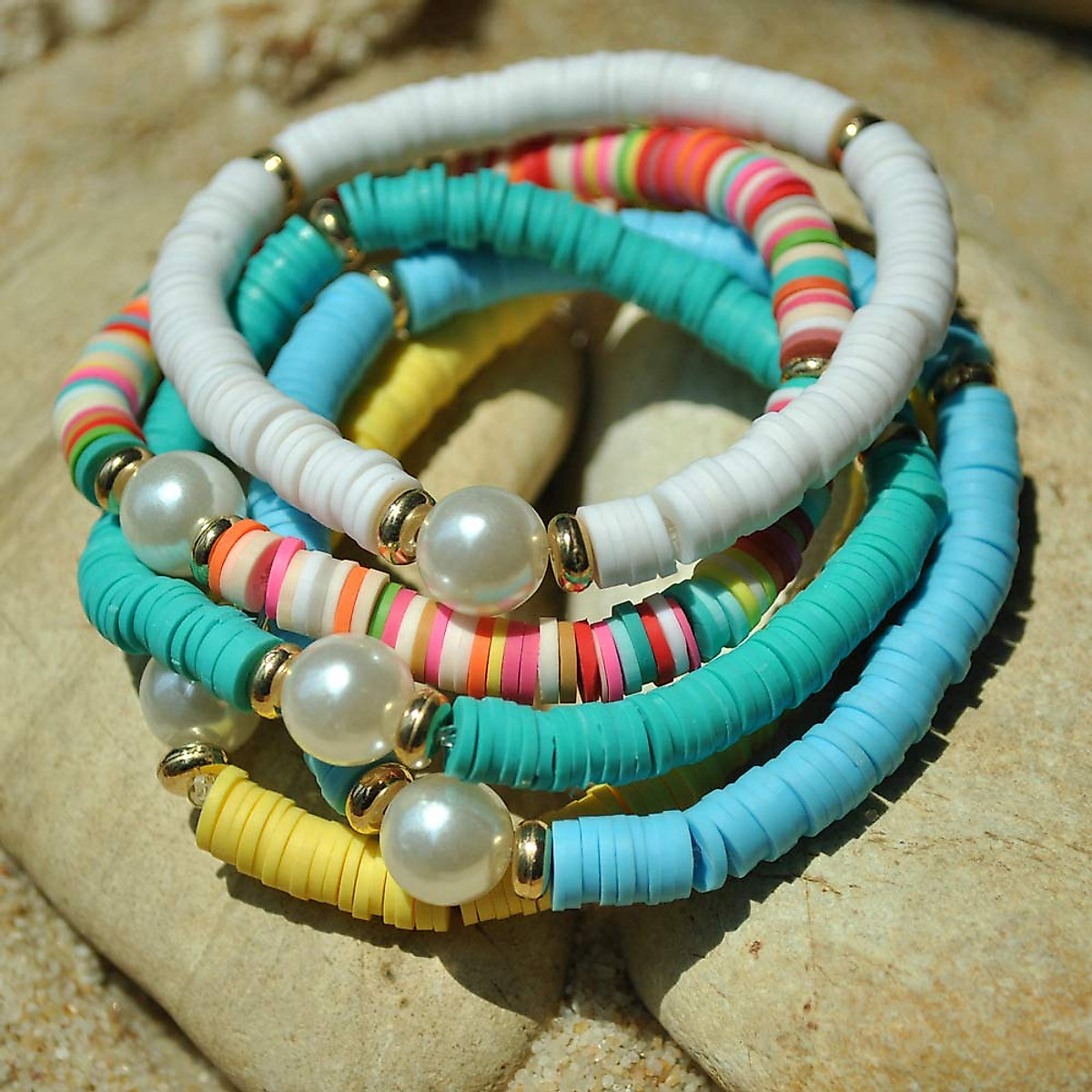 Pingyongchang 10 Pcs Friendship Bracelets Boho 6MM Beades Bracelet for Women Polymer Clay Rainbow Pearl Bracelet Elastic Rope Heishi Bracelet Set Summer Beach Jewelry