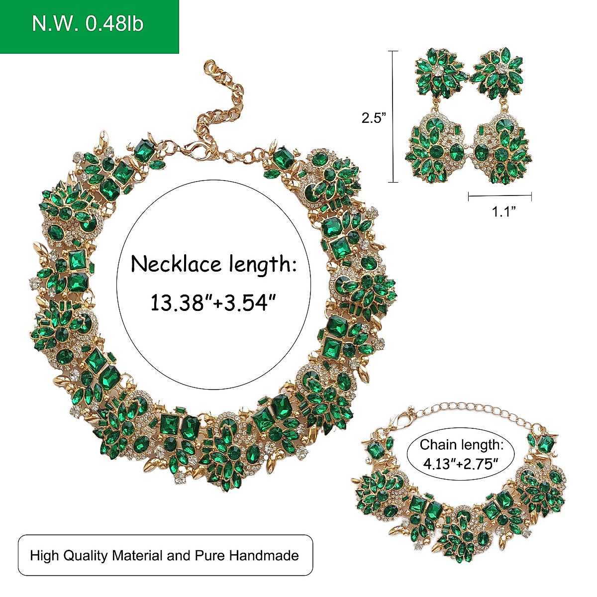 NABROJ Indian Gold Green Jewelry Sets for Women - Chunky Emerald Dark Green Rhinestone Statement Bib Gold Earrings and Necklace Set Costume Jewelry for Women -HLN001 Green 3pcs Set