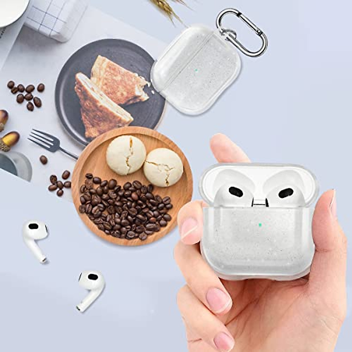 Fingic Compatible with AirPods 3 Case 2021, Full Body Protective Glitter Sparkle Shockproof Hard Cover with Keychain for AirPods 3rd Generation Charging Case - Clear/White