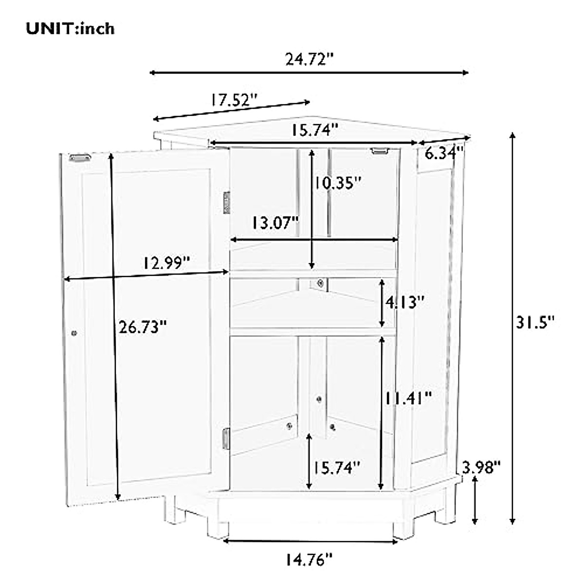 Elegantabode 30'' Modern Corner Cabinet, Freestanding Narrow Storage Cabinet, Adjustable Shelf, MDF Board, Triangle Cabinet Organizer for Living Room Bathroom Kitchen, Black