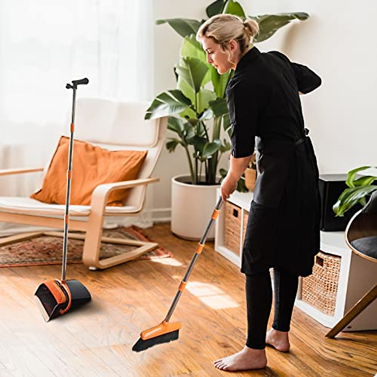 Broom and Dustpan Set(51" Long), Adjustable Length Stainless Steel Broomstick, Sstanding Dustpan and Broom for Office, Home Kitchen, Lobby Floor use (Orange and Black)