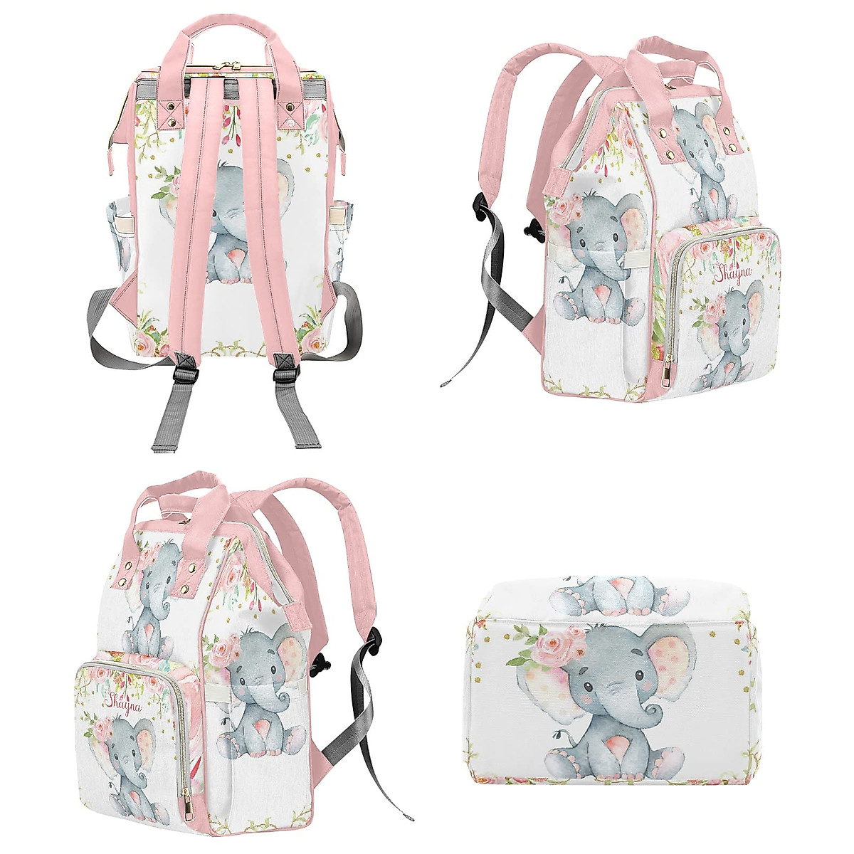 Pink Flower Elephant Personalized Diaper Backpack with Name,Custom Travel DayPack for Nappy Mommy Nursing Baby Bag One Size